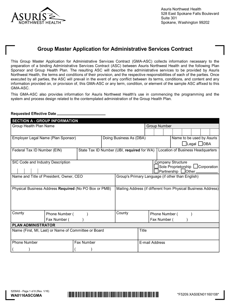 Fillable Online preparation of a binding Administrative Services Contract (ASC) between Asuris ...