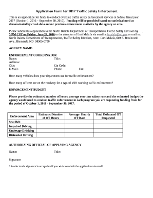 Application for 2017 Traffic Safety Enforcement Doc Template | pdfFiller