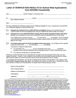 Letter of VERIFICATION RESULTS for School Meal Applications Doc ...