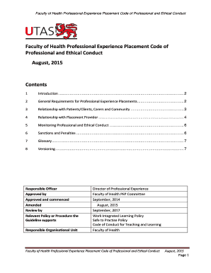 Fillable Online Faculty of Health Professional Experience Placement Code of Professional and ...
