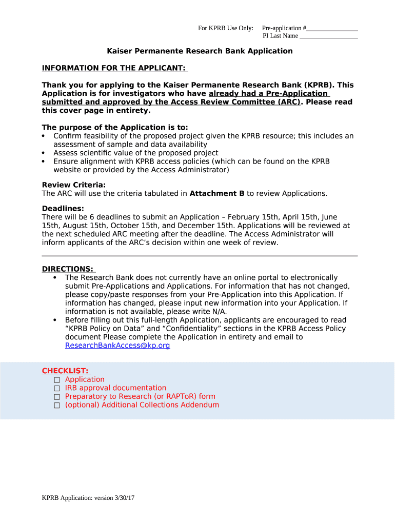 Kaiser Permanente Research Bank Application Doc Template | pdfFiller