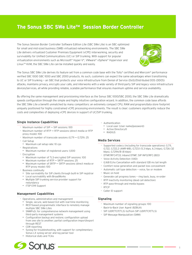 Fillable Online The Sonus SBC SWe Lite Session Border Controller Fax Email Print - pdfFiller