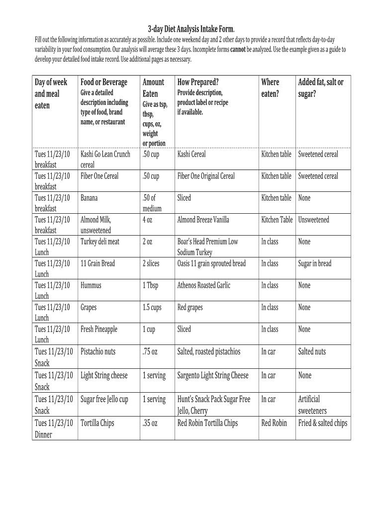 Fillable Online 3-day Diet Analysis Intake Form Fax Email Print - pdfFiller