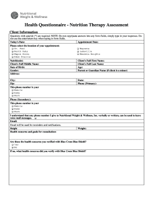 Fillable Online Health Questionnaire - Nutrition Therapy Assessment Fax ...