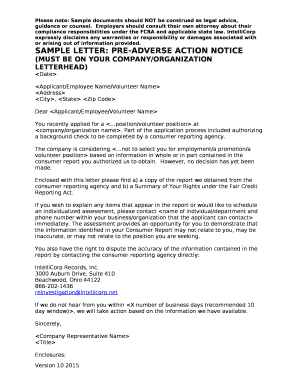 SAMPLE LETTER: PRE-ADVERSE ACTION NOTICE Doc Template | pdfFiller
