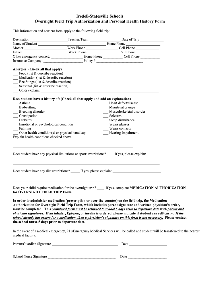 Fillable Online Overnight Field Trip Authorization and Personal Health History Form Fax Email ...