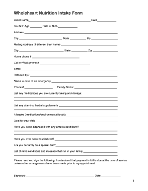 Fillable Online Wholeheart Nutrition Intake Form Fax Email Print ...