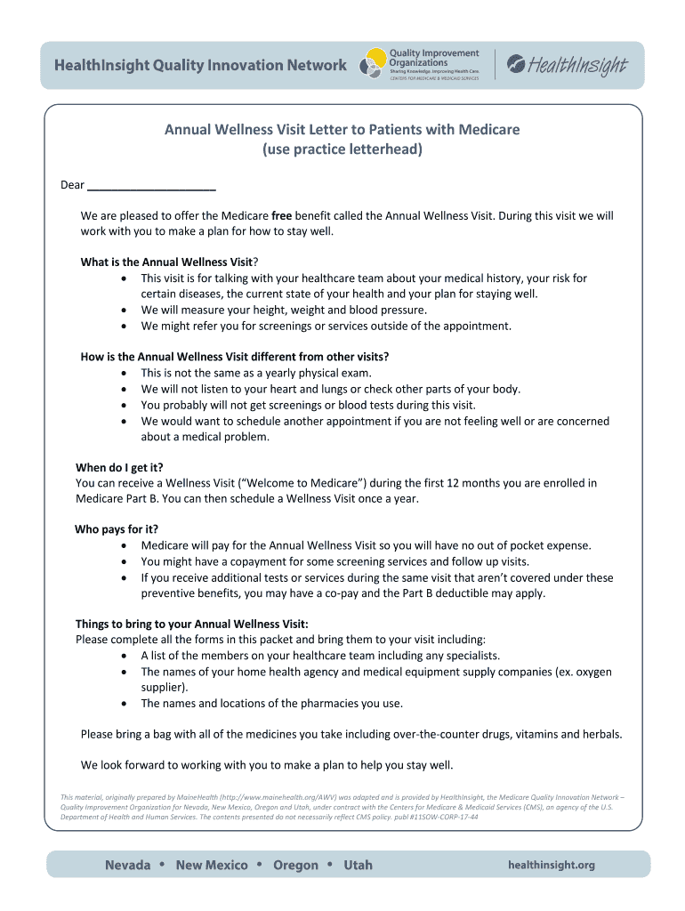 Fillable Online Annual Wellness Visit Letter to Patients with Medicare ...