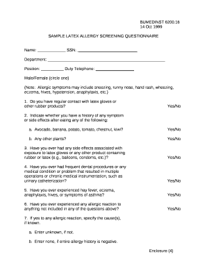 SAMPLE LATEX ALLERGY SCREENING QUESTIONNAIRE Doc Template | pdfFiller