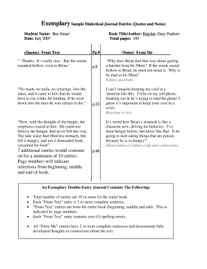 Fillable Online Exemplary Sample Dialectical Journal Entries (Quotes ...