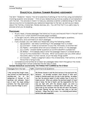 Fillable Online DIALECTICAL JOURNAL SUMMER READING ASSIGNMENT Fax Email ...