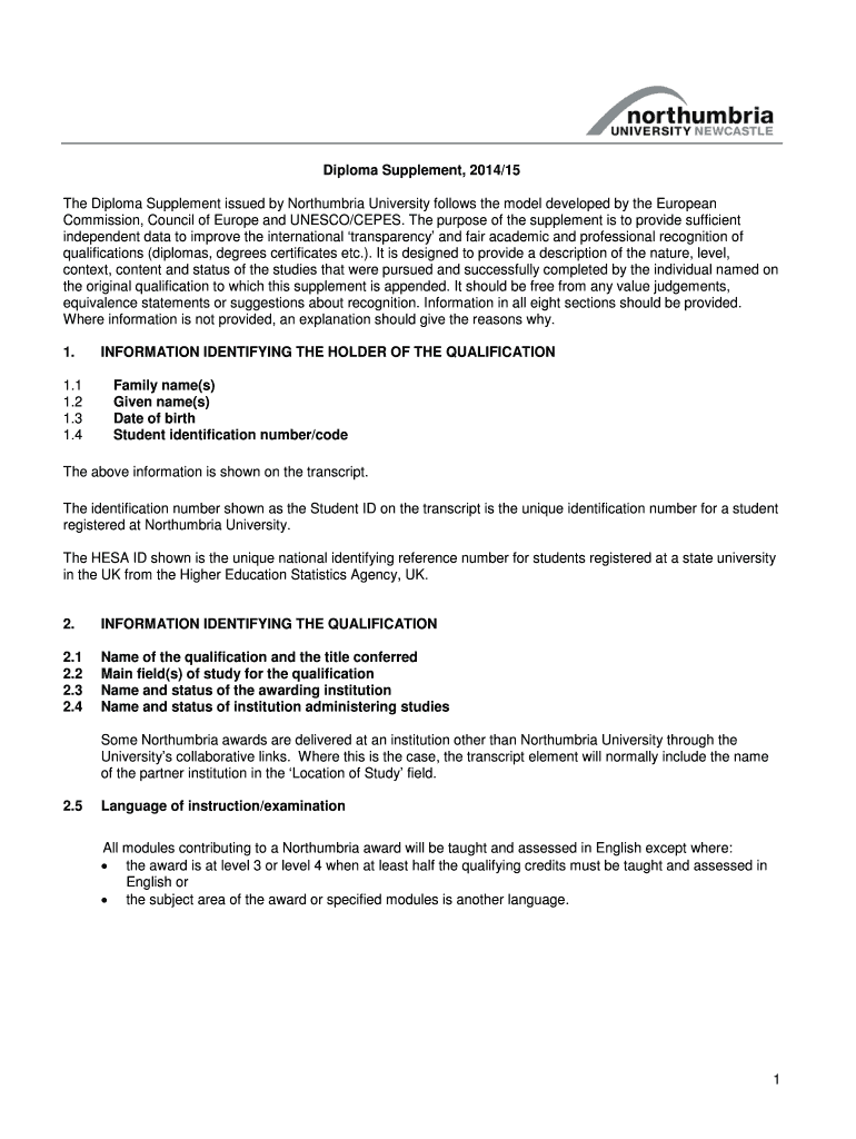 Fillable Online The Diploma Supplement issued by Northumbria University ...
