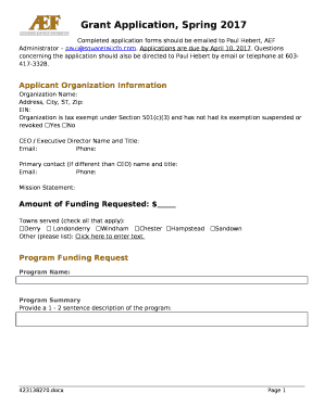 Grant Application, Spring 2017 template Doc Template | pdfFiller