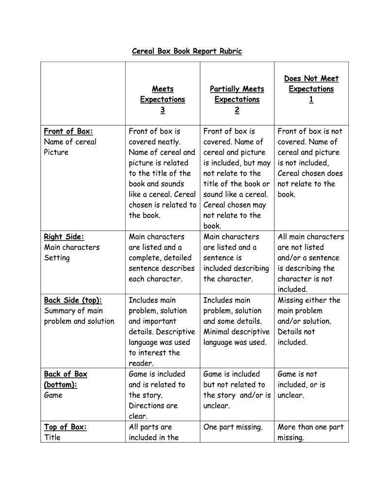 Fillable Online Cereal Box Book Report Rubric Fax Email Print - pdfFiller