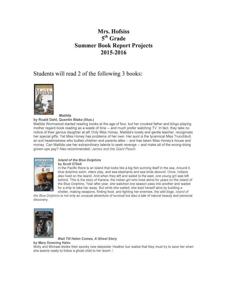 Fillable Online Summer Book Report Projects Fax Email Print - pdfFiller