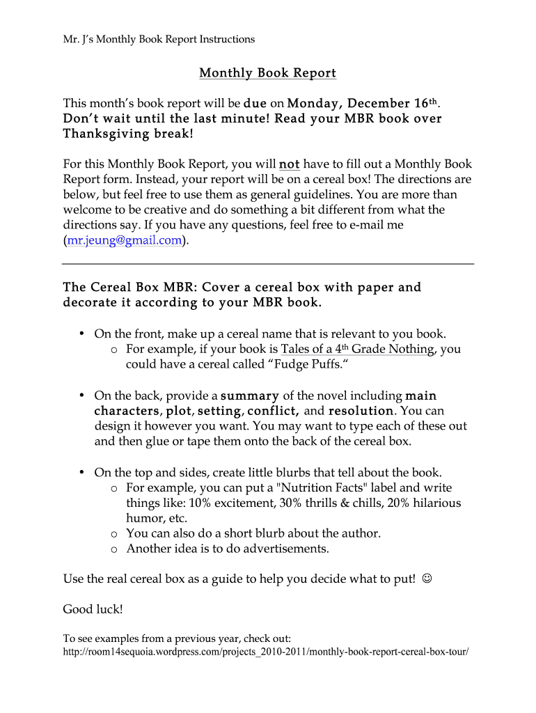 Fillable Online Js Monthly Book Report Instructions Fax Email Print ...