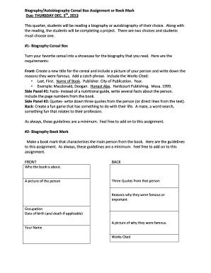 Fillable Online Biography/Autobiography Cereal Box Assignment or Book ...