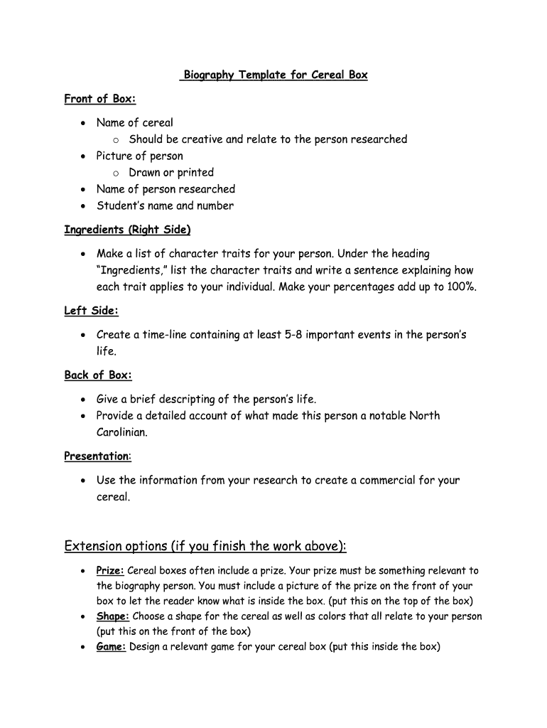 Fillable Online Biography Template for Cereal Box Fax Email Print ...