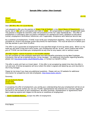 Sample Offer Letter (Non-Exempt) Doc Template | pdfFiller
