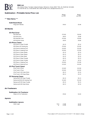 Fillable Online Sublimation : Printable Items Price List Fax Email ...