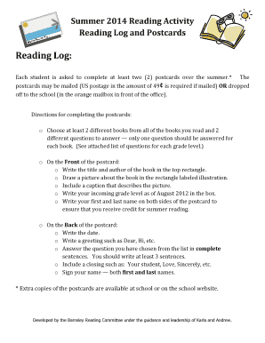 Fillable Online Reading Log and Postcards Fax Email Print - pdfFiller