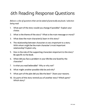 Fillable Online 6th Reading Response Questions Fax Email Print - pdfFiller