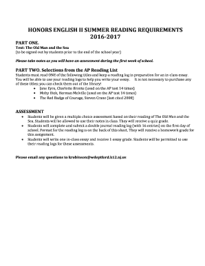 Fillable Online HONORS ENGLISH II SUMMER READING REQUIREMENTS Fax Email ...