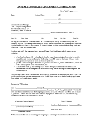 ANNUAL COMMISSARY OPERATORS AUTHORIZATION Doc Template | pdfFiller