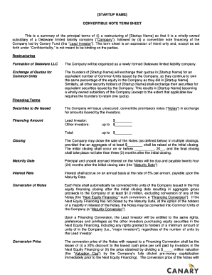 Fillable Online CONVERTIBLE NOTE TERM SHEET Fax Email Print - pdfFiller