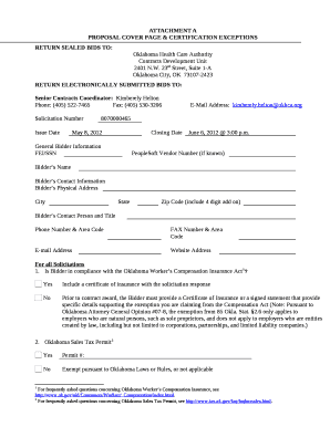 PROPOSAL COVER PAGE & CERTIFICATION EXCEPTIONS Doc Template | pdfFiller