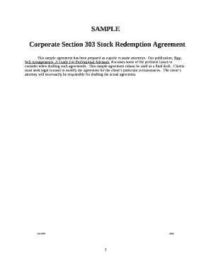 Corporate Section 303 Stock Redemption Agreement Doc Template | pdfFiller