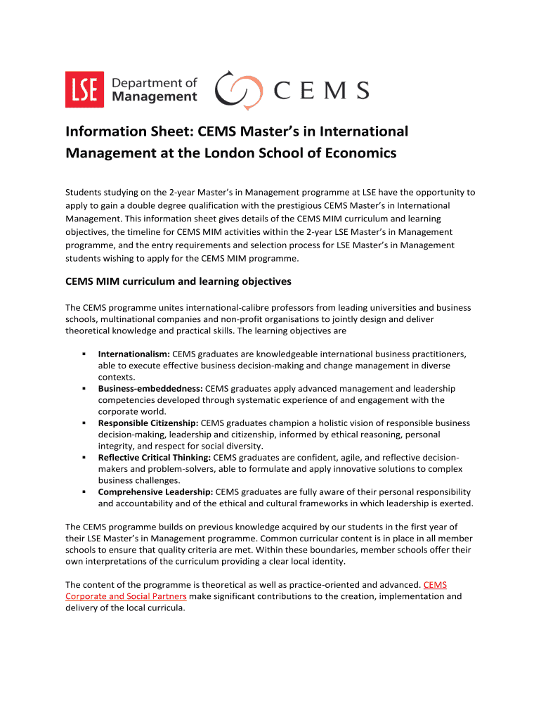 Fillable Online Information Sheet: CEMS Masters in International Fax ...
