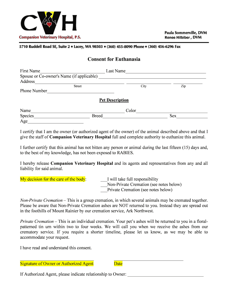 Fillable Online Consent for Euthanasia Fax Email Print - pdfFiller