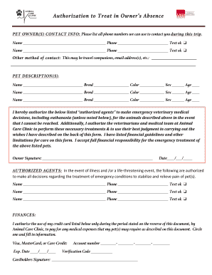 Fillable Online Authorization to Treat in Owners Absence Fax Email Print - pdfFiller