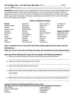 The Divided Union Civil War Map 1860-1865Name: Period: Date: Doc ...