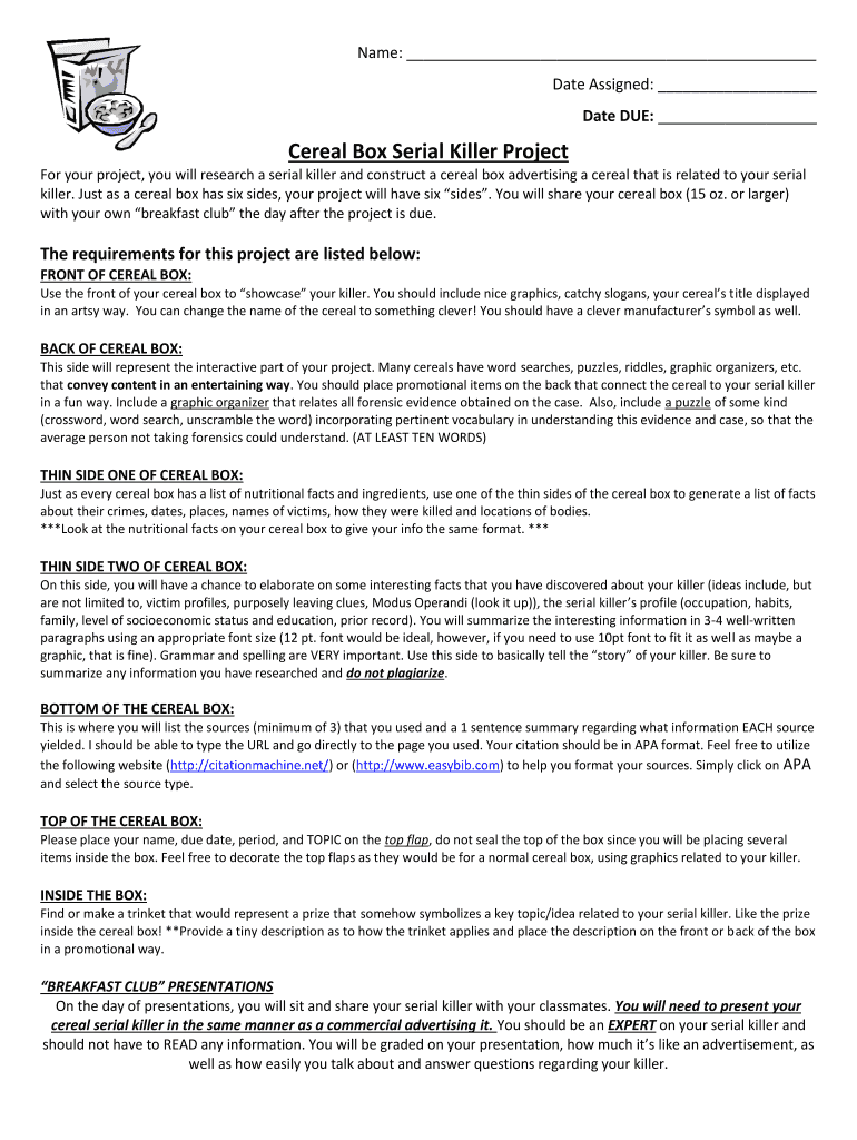 Fillable Online Cereal Box Serial Killer Project Fax Email Print ...