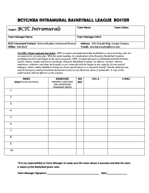 Fillable Online BCTC/KBA INTRAMURAL BASKETBALL LEAGUE ROSTER Fax Email Print - pdfFiller