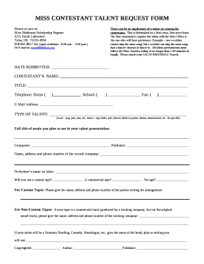 MISS CONTESTANT TALENT REQUEST Doc Template | pdfFiller