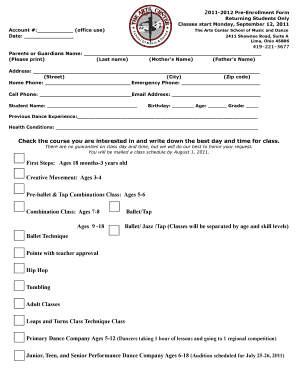 Fillable Online 2011-2012 Pre-Enrollment Form Fax Email Print - pdfFiller