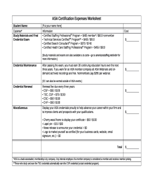 ASA Certification Expenses Worksheet Doc Template | pdfFiller