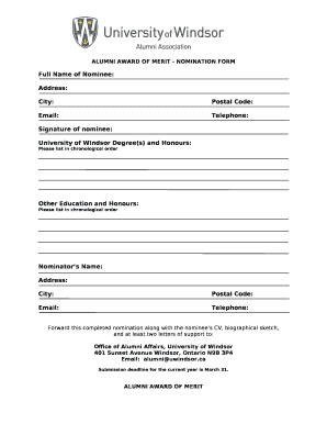 ALUMNI AWARD OF MERIT - NOMINATION Doc Template | pdfFiller