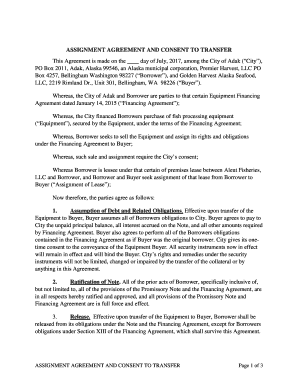 Fillable Online ASSIGNMENT AGREEMENT AND CONSENT TO TRANSFER Fax Email ...