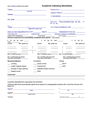 Items in BLUE to be filled out by studentAcademic Advising Worksheet ...
