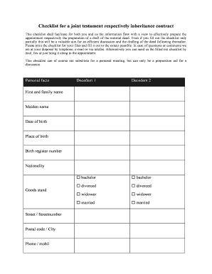 Fillable Online Checklist for a joint testament respectively ...