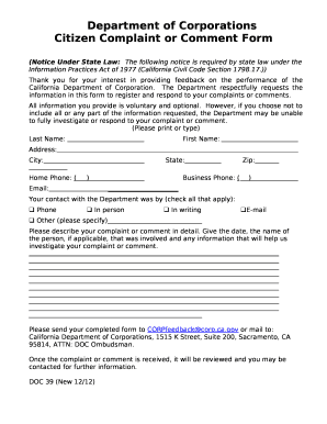 Citizen Complaint or Comment Doc Template | pdfFiller