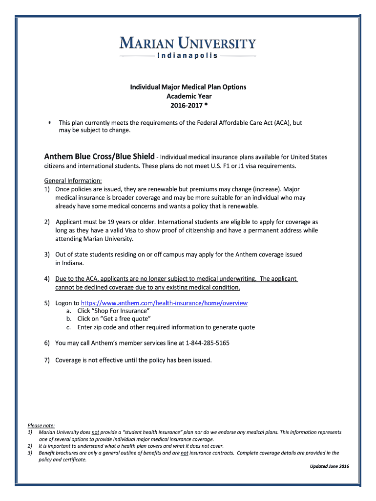 Fillable Online Individual Major Medical Plan Options Fax Email Print ...