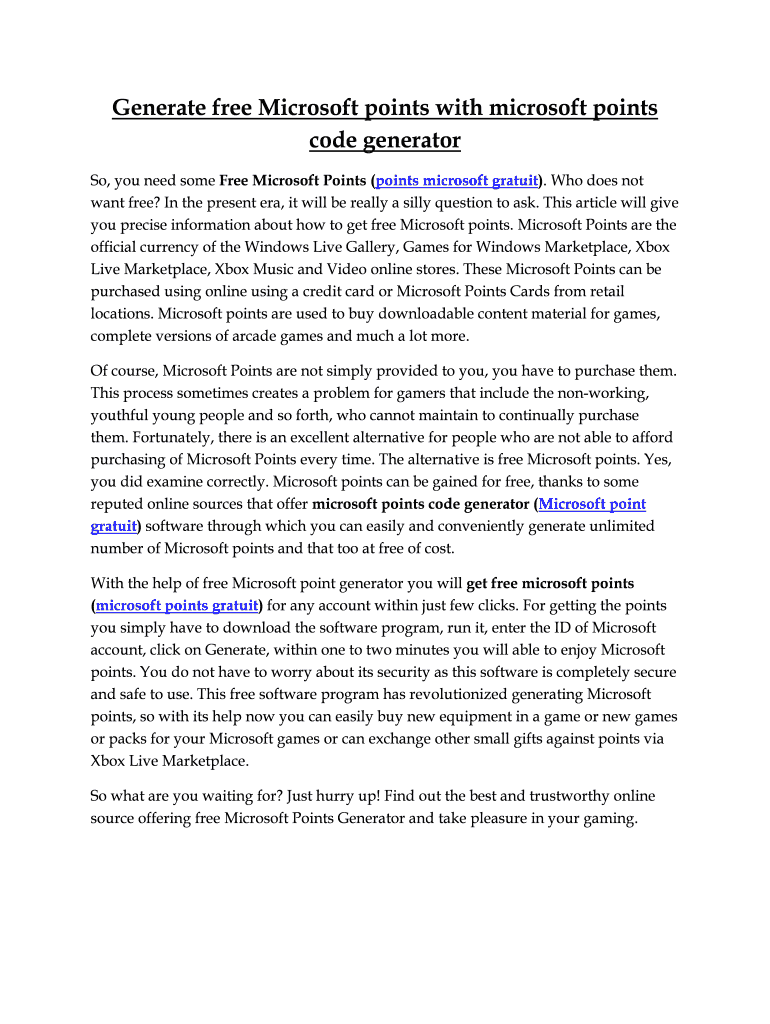 Fillable Online Generate free Microsoft points with microsoft points ...