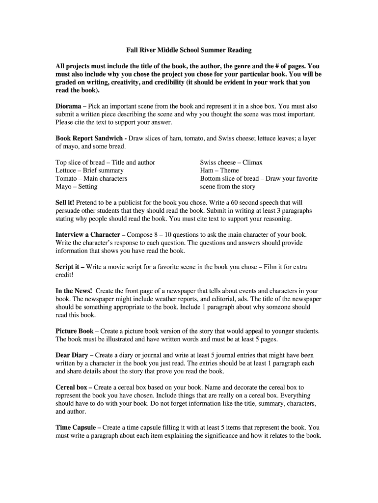Fillable Online Fall River Middle School Summer Reading Fax Email Print ...
