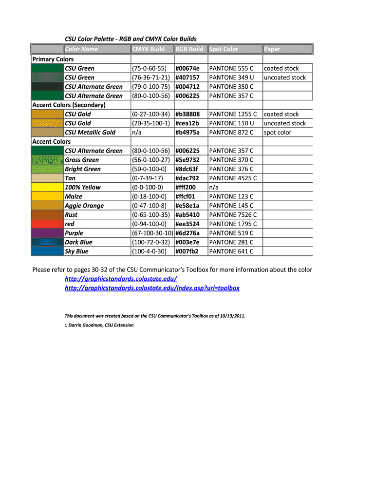 Fillable Online CSU Color Palette - RGB and CMYK Color Builds Fax Email ...