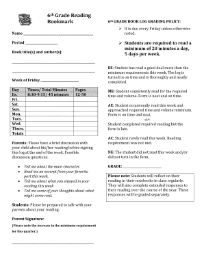 Fillable Online 6th GRADE BOOK LOG GRADING POLICY: Fax Email Print ...